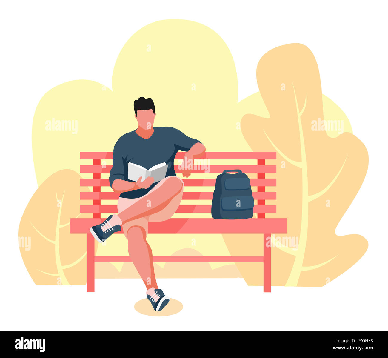 Man sitting on bench. Guy reading book. Illustration Stock Photo - Alamy