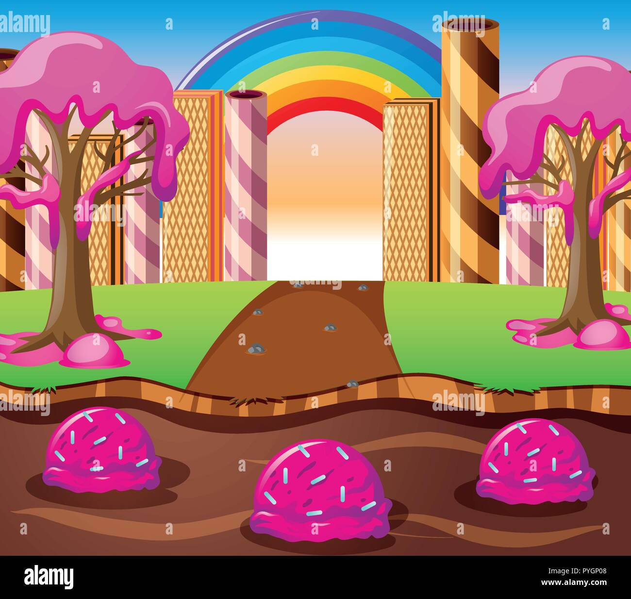 Scene with chocolate river and strawberry cream tree illustration Stock ...