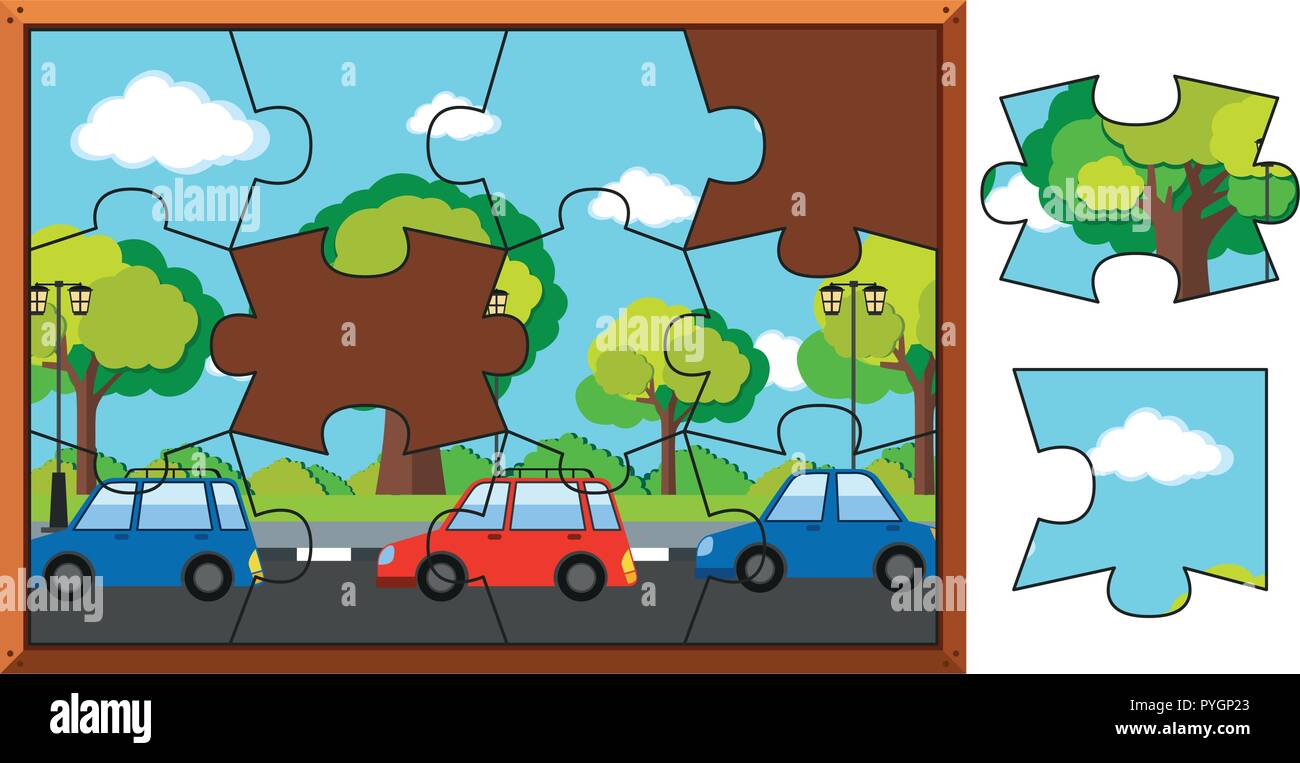 Jigsaw puzzle game with cars on road illustration Stock Vector Image ...