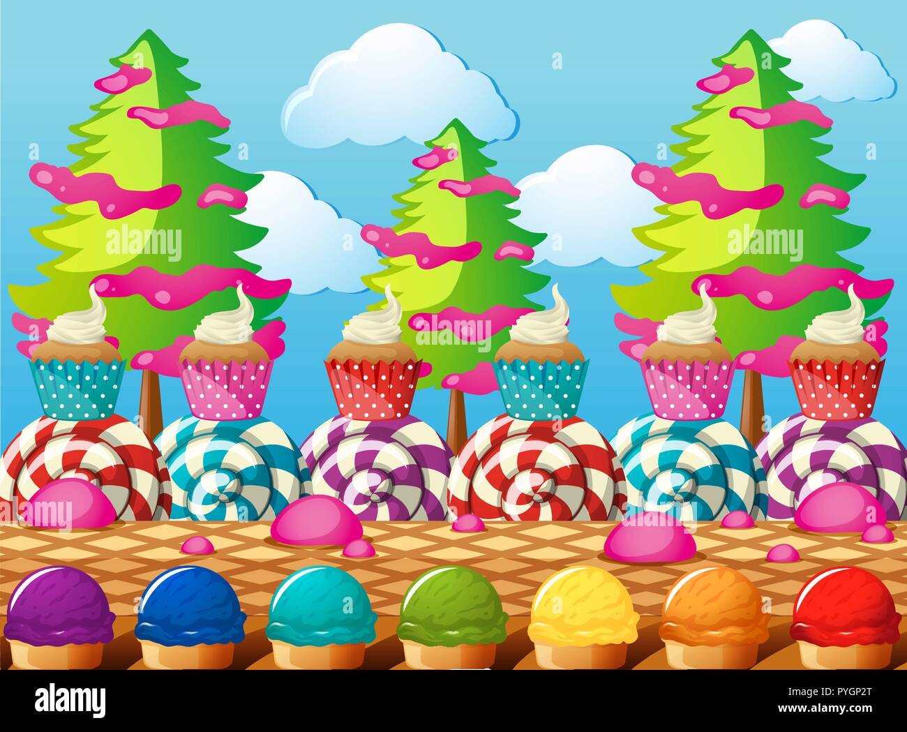 Scene wtih cupcakes and icecream in the field illustration Stock Vector ...