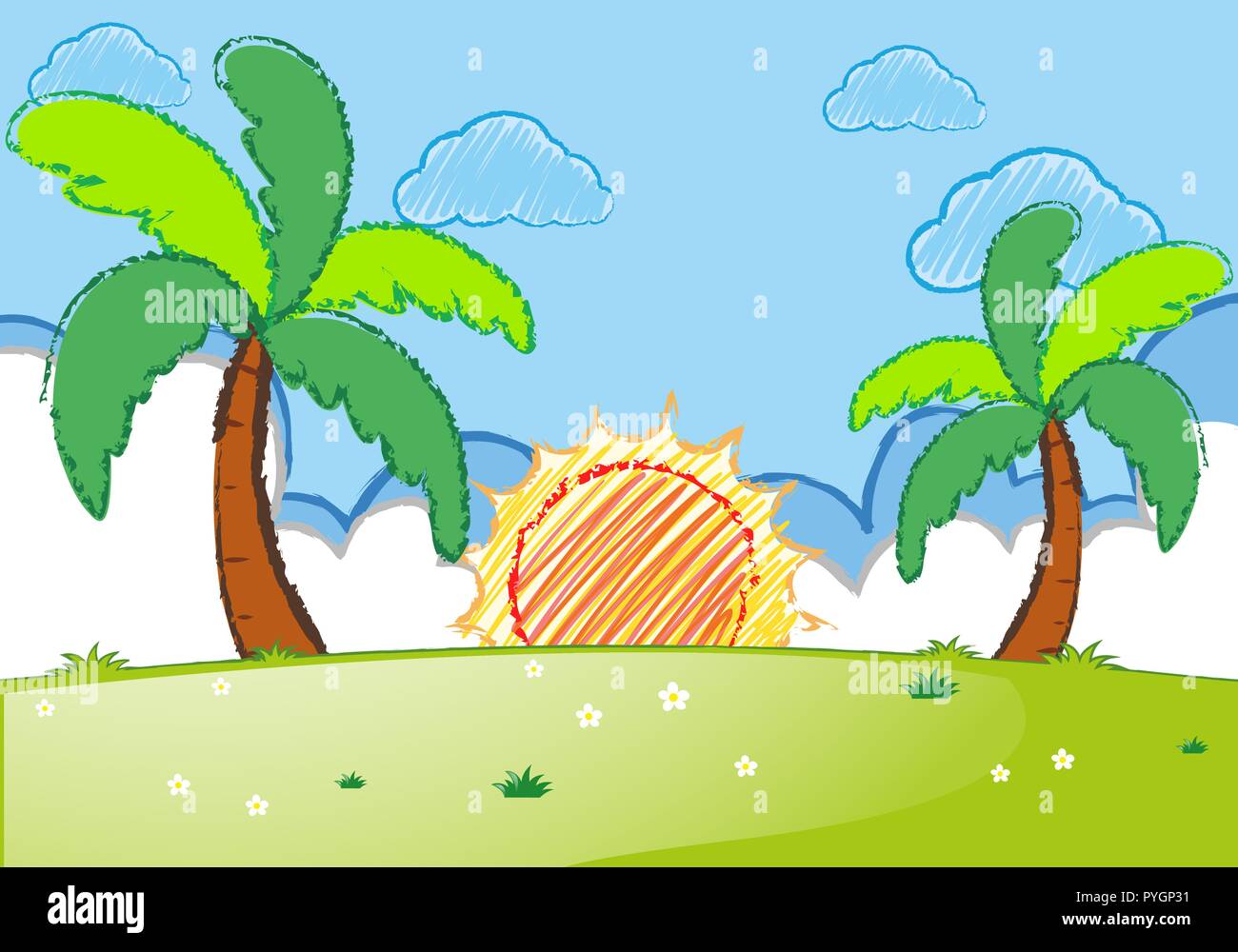 Sunset scene with coconut trees and field illustration Stock Vector ...