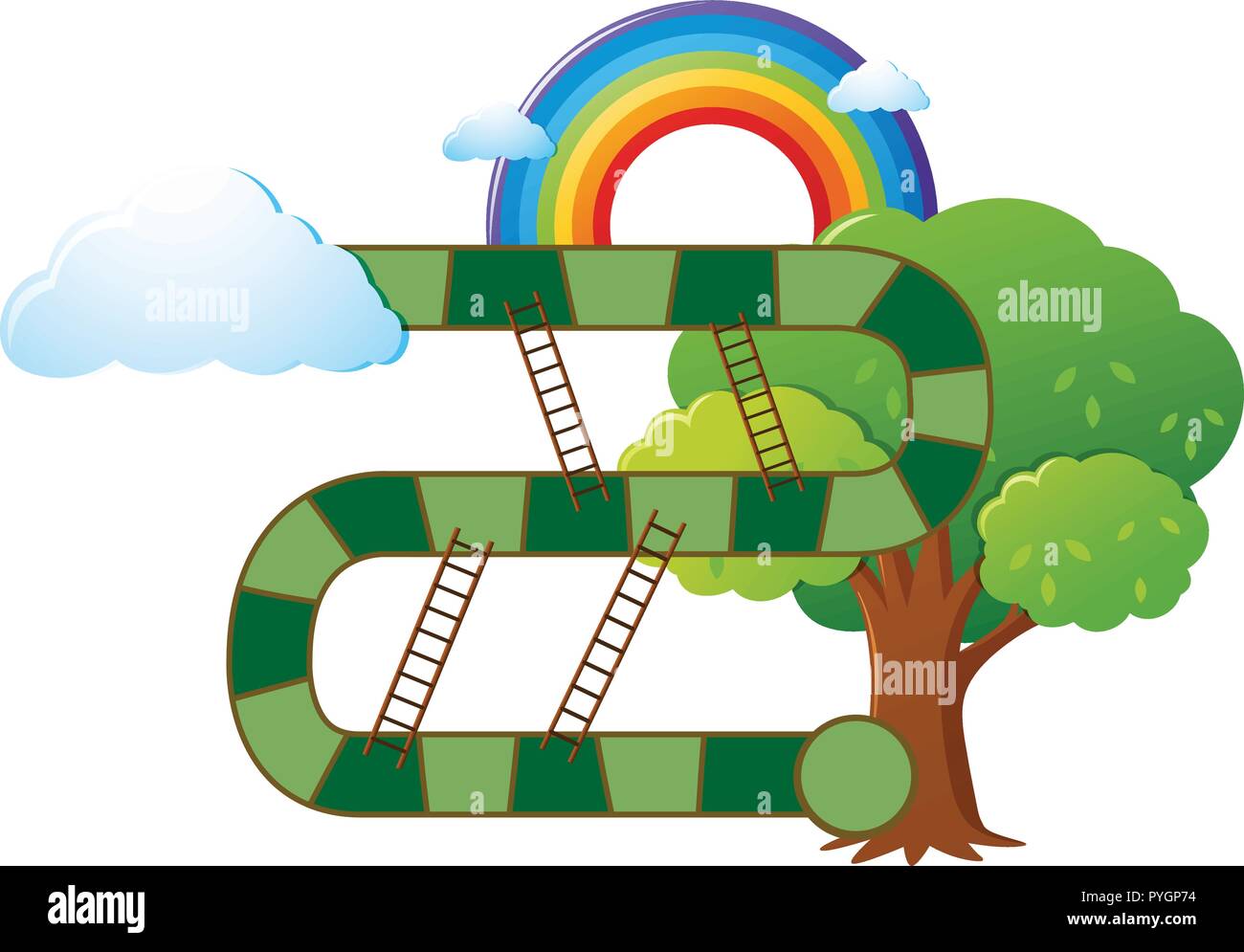 Boardgame template with tree and rainbow background illustration Stock ...