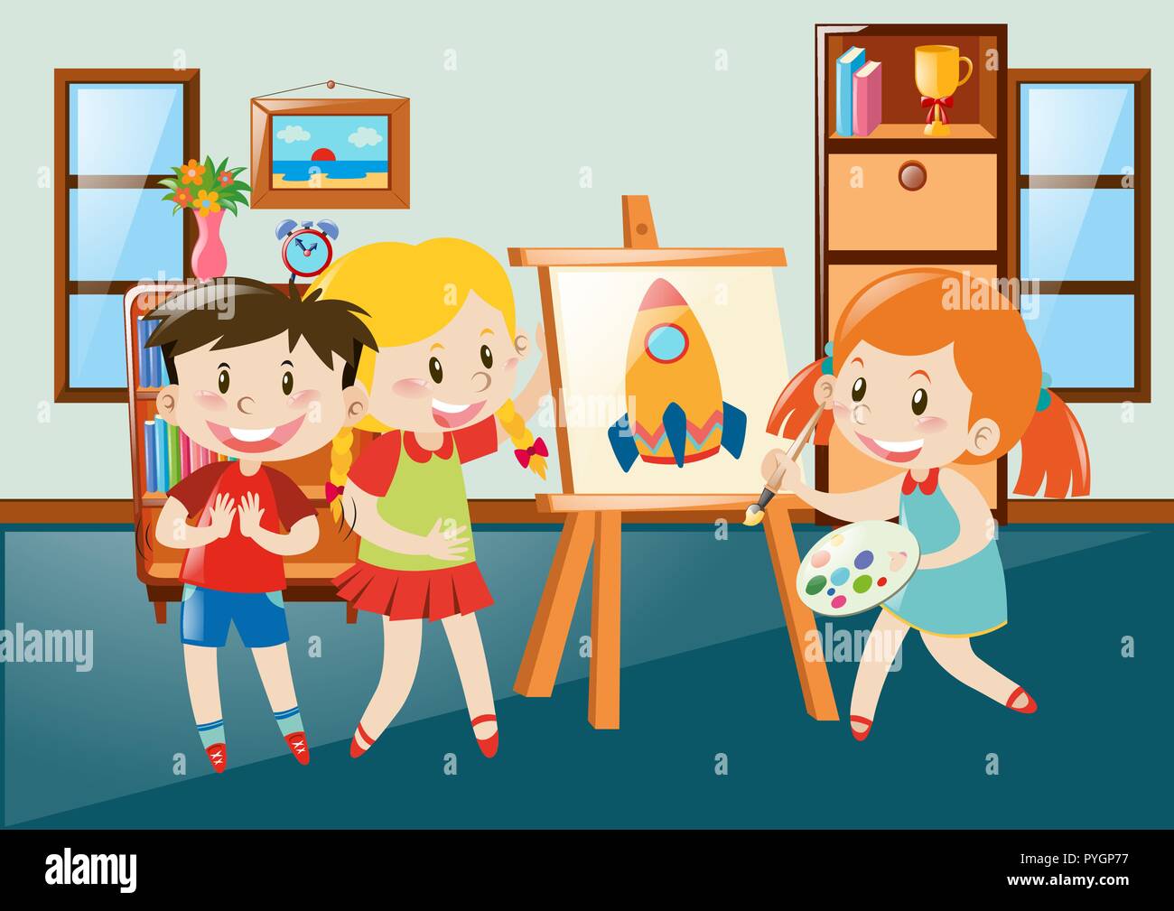 Children drawing on canvas in classroom illustration Stock Vector Image ...