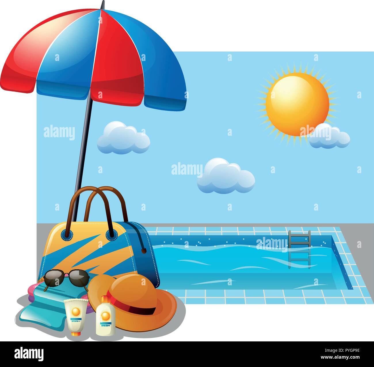 Summer scene with swimming pool and umbrella illustration Stock Vector ...