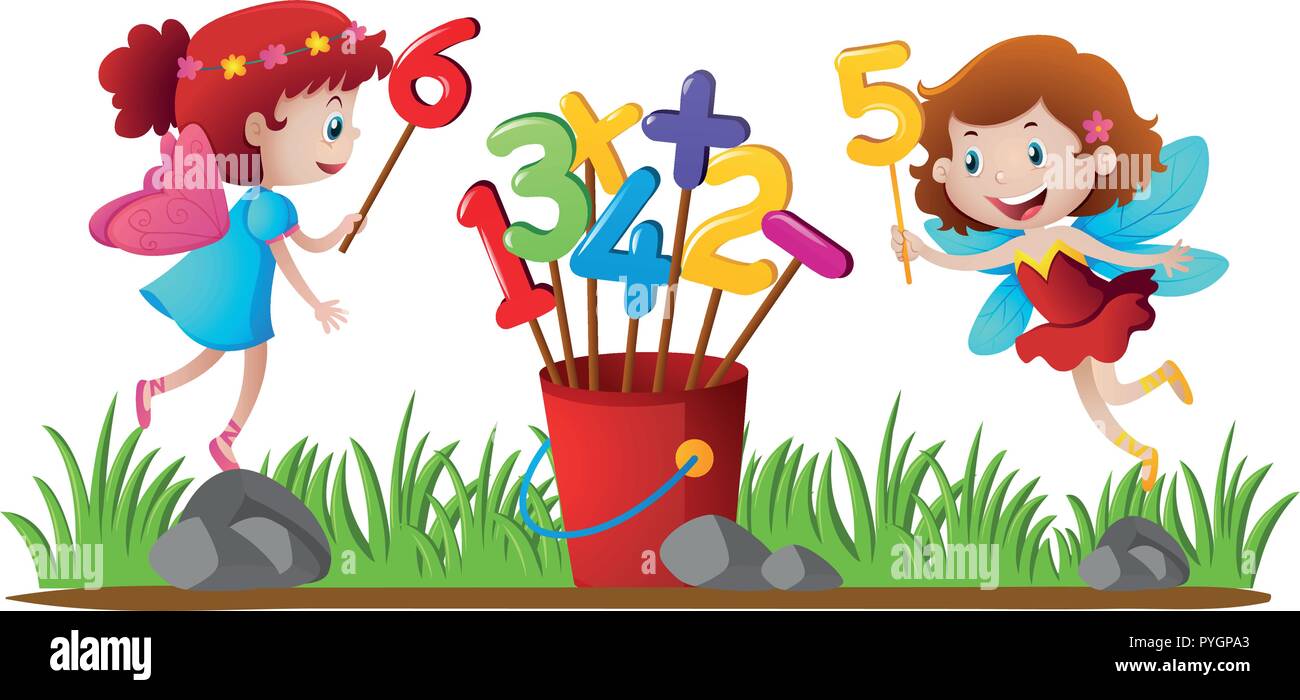 Two fairies flying with bucket of numbers illustration Stock Vector ...