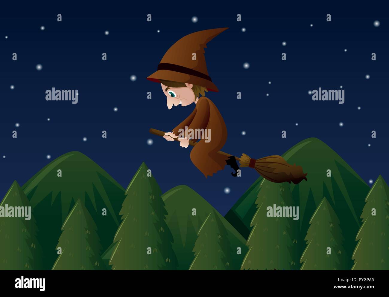 Witch flying on magic broom at night illustration Stock Vector Image ...