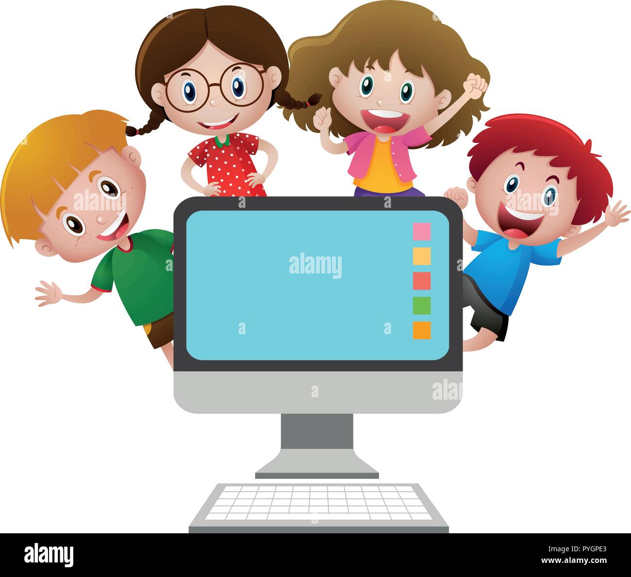 Four happy children behind computer screen illustration Stock Vector ...