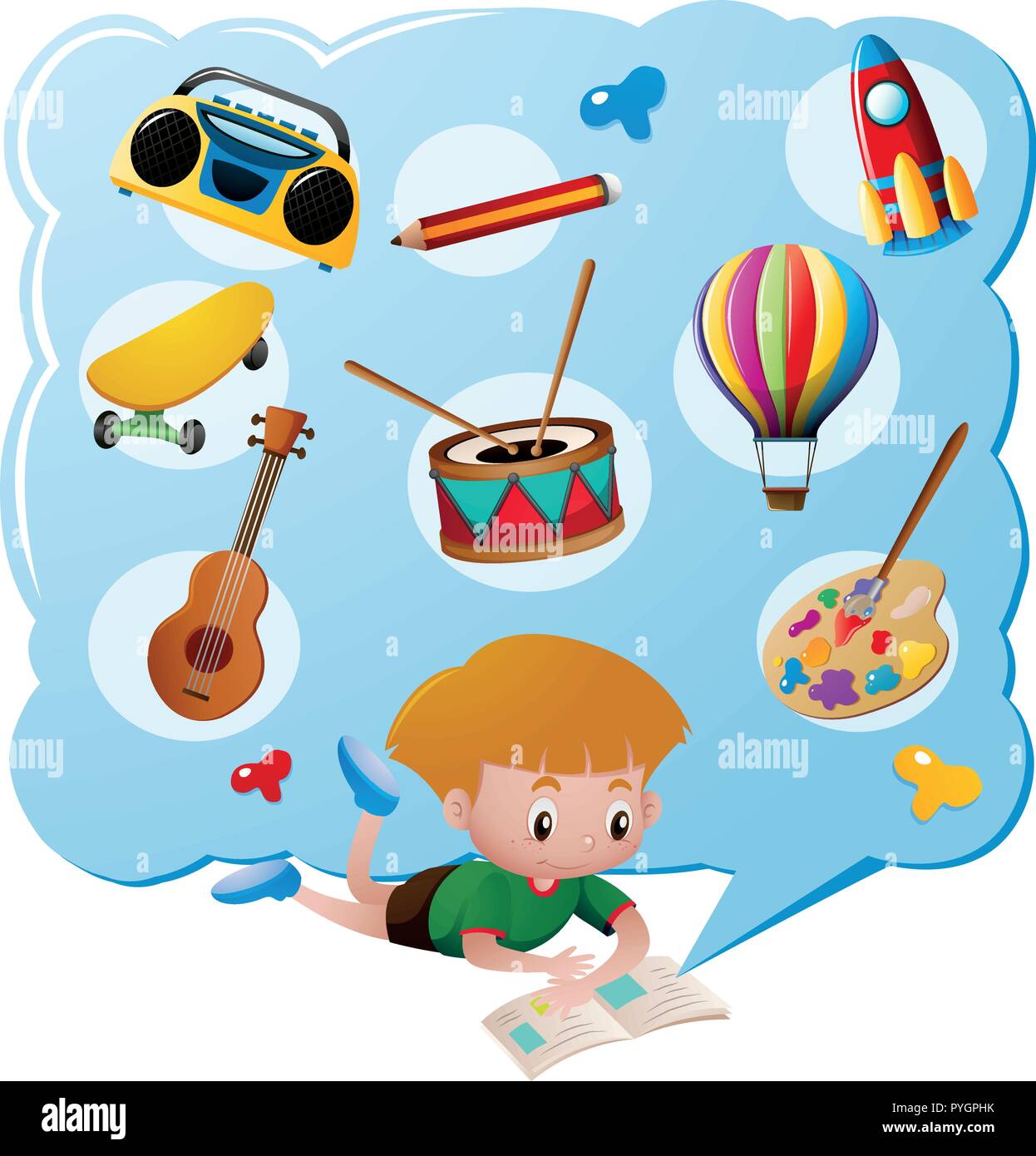 Boy reading books about many things illustration Stock Vector Image ...