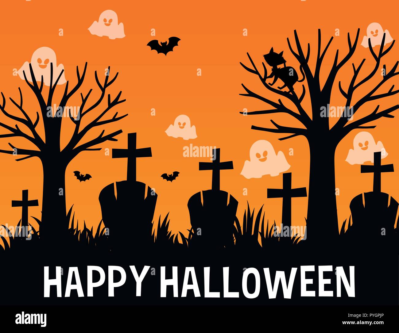 Happy Halloween poster design with ghosts in graveyard illustration ...