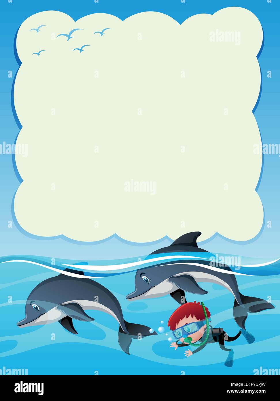 Border template with boy diving with two dolphins illustration Stock ...