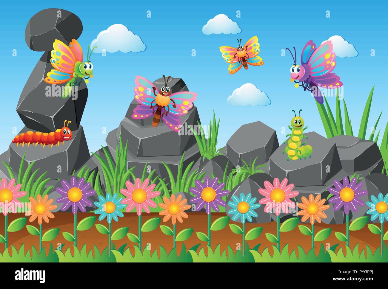 Different types of insects in flower garden illustration Stock Vector ...