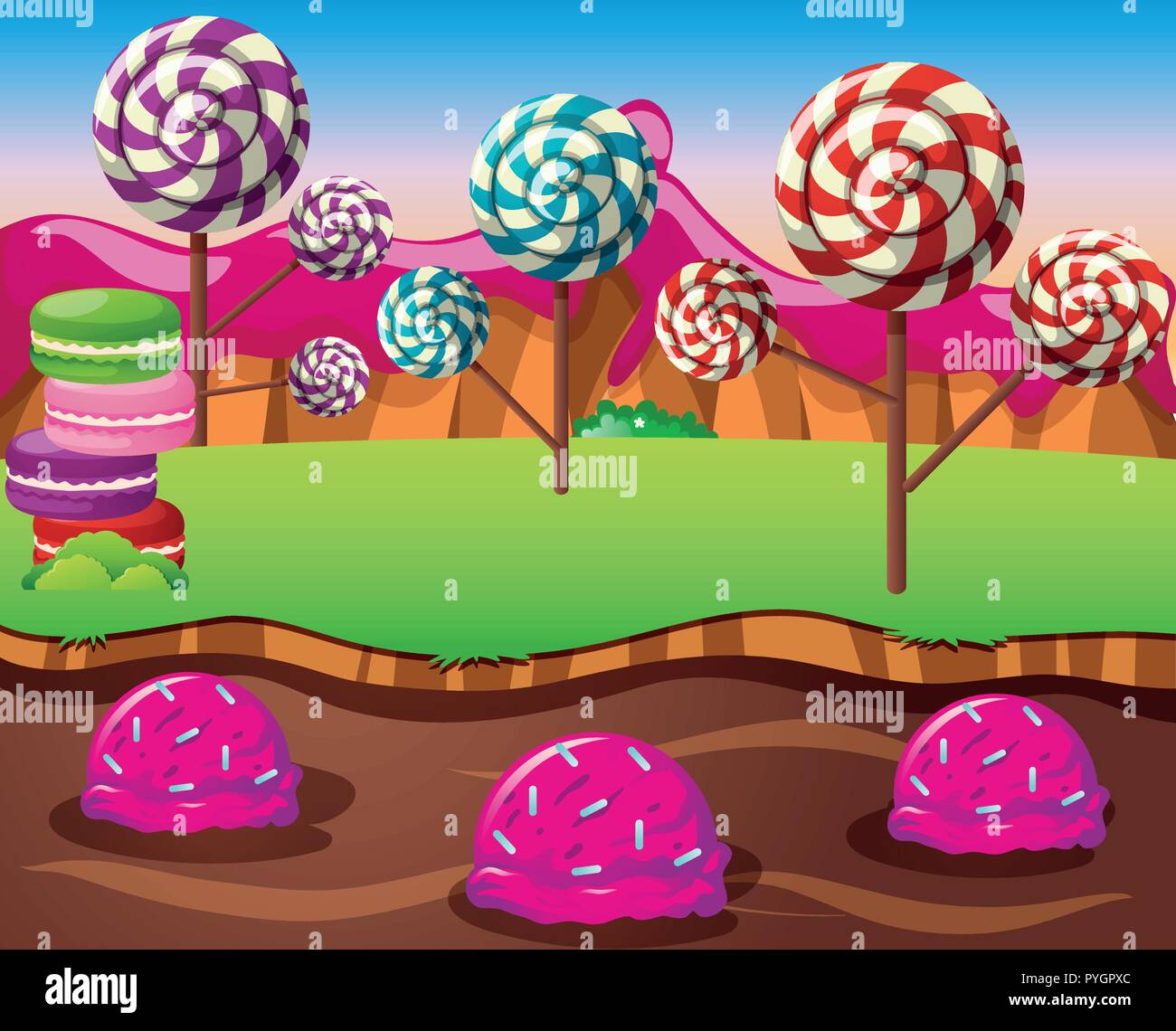 Scene with lolipops field and icecream river illustration Stock Vector ...