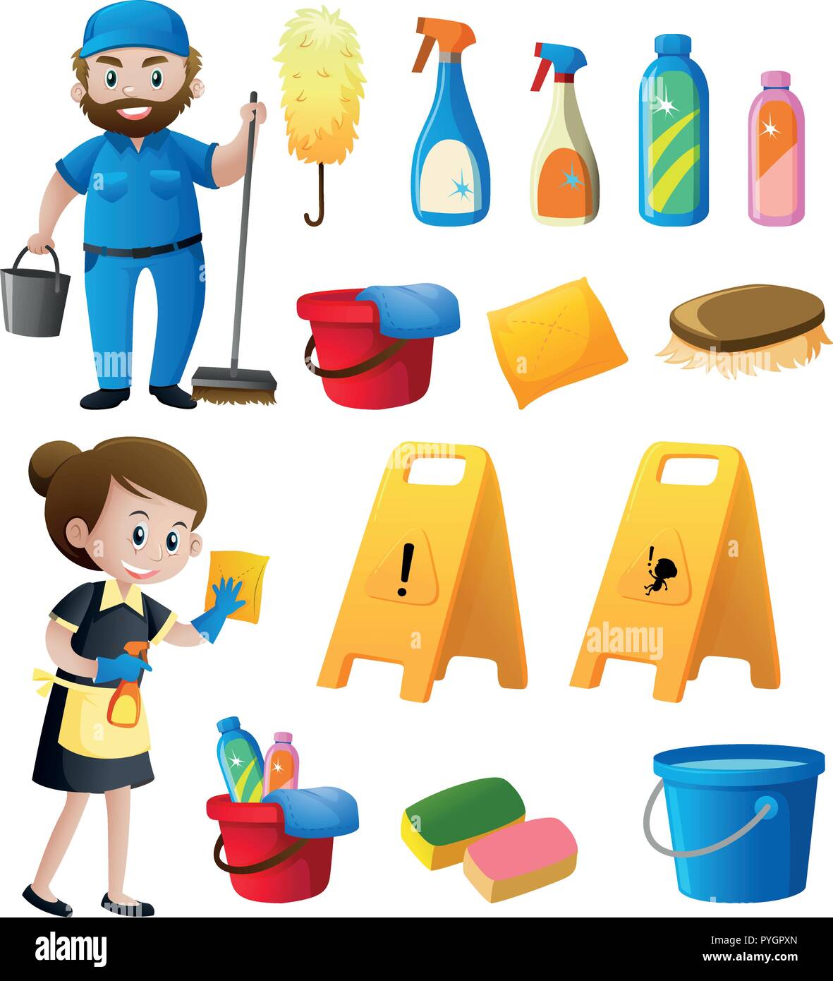 Male and female cleaners with cleaning equipments illustration Stock ...