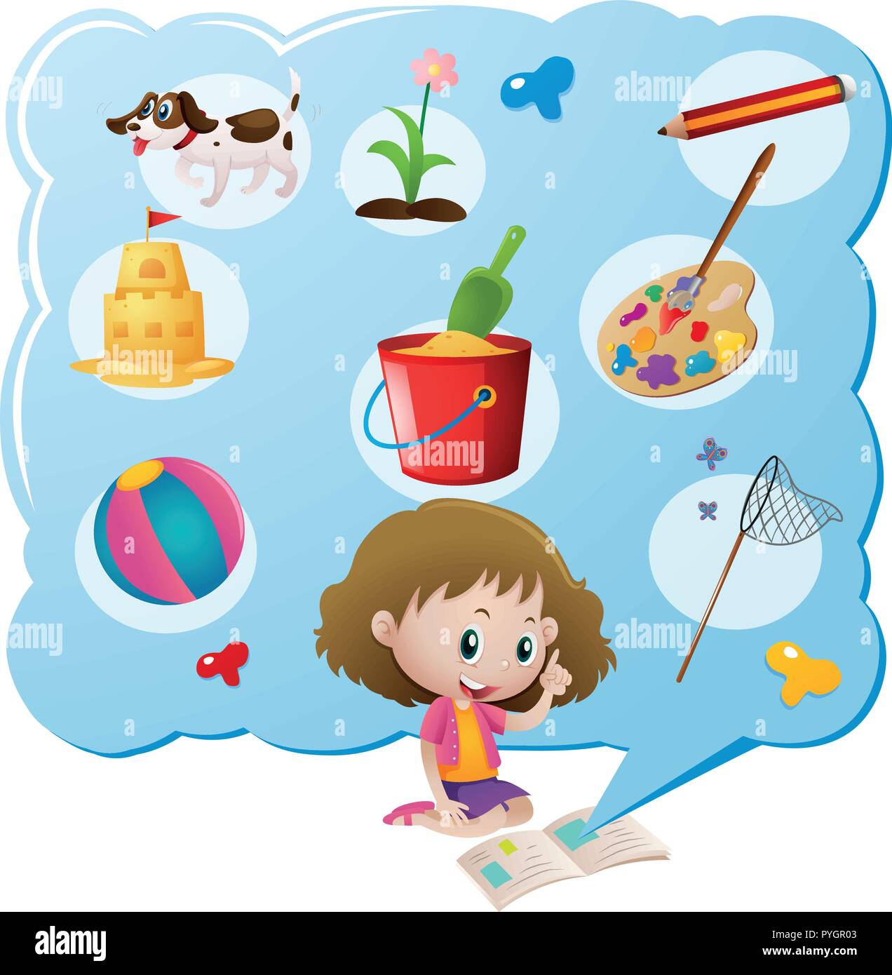 Girl and different favorite objects illustration Stock Vector Image ...