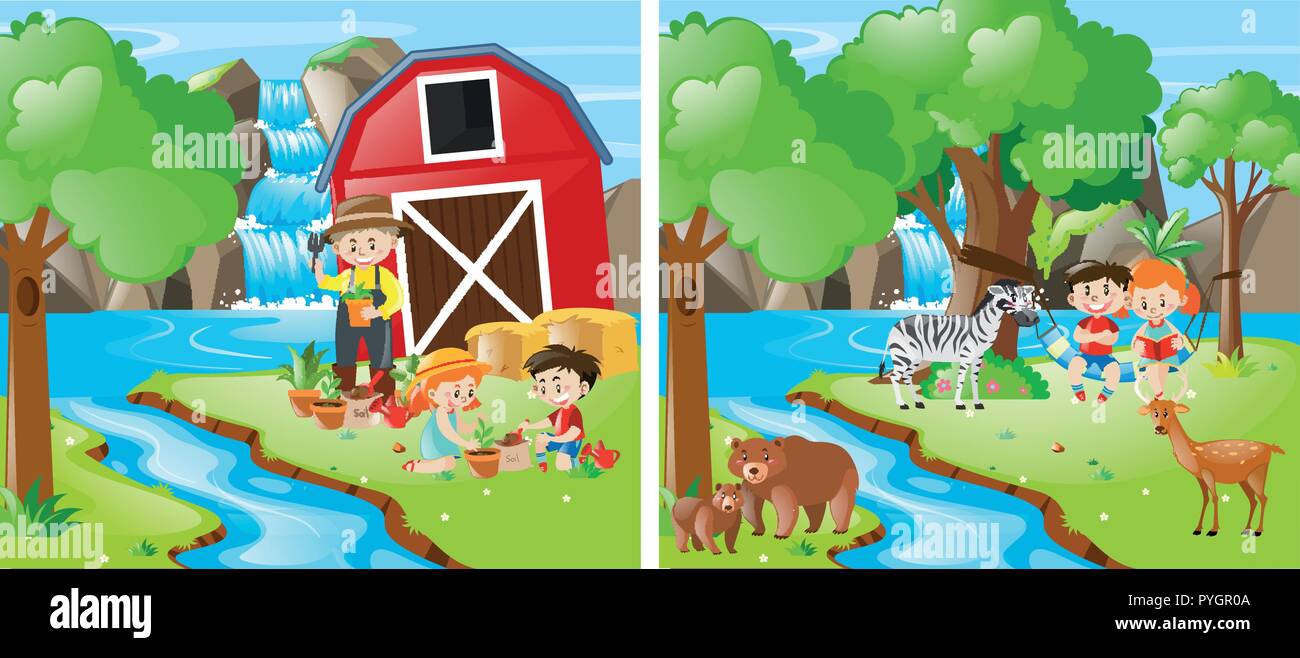Kids farming by a stream illustration Stock Vector Image & Art - Alamy