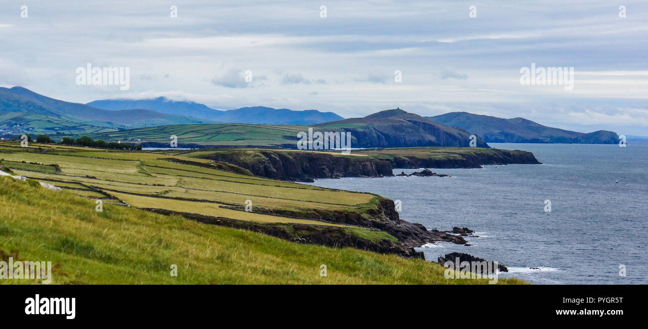 many shades of green fields along rugged Irish ocean coastline of ...