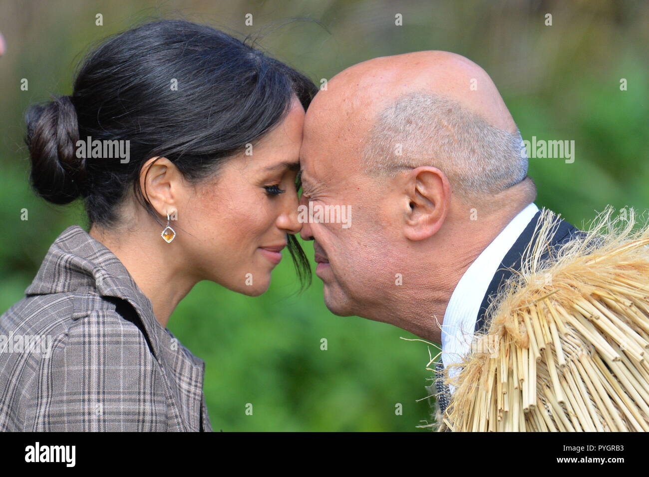 The Duchess of Sussex receives a hongi, a traditional Maori greeting ...