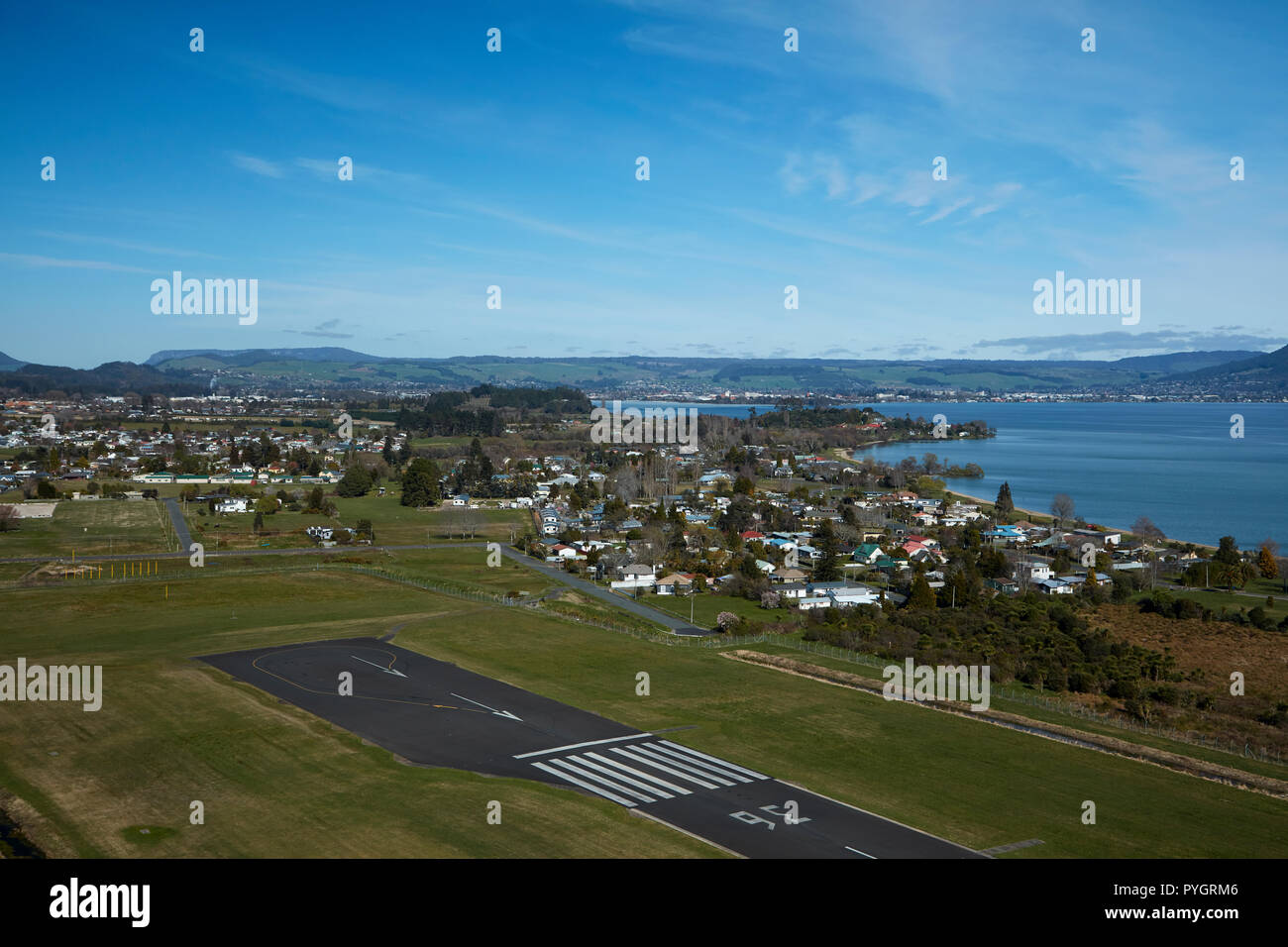 Runway, Rotorua Airport, and Lake Rotorua, Rotorua, North Island, New ...