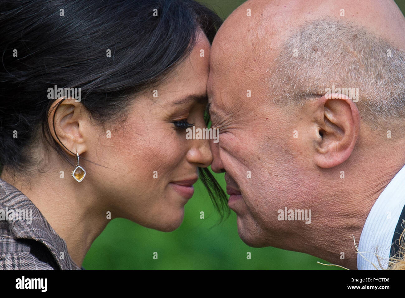 The Duchess of Sussex receives a hongi, a traditional Maori greeting ...