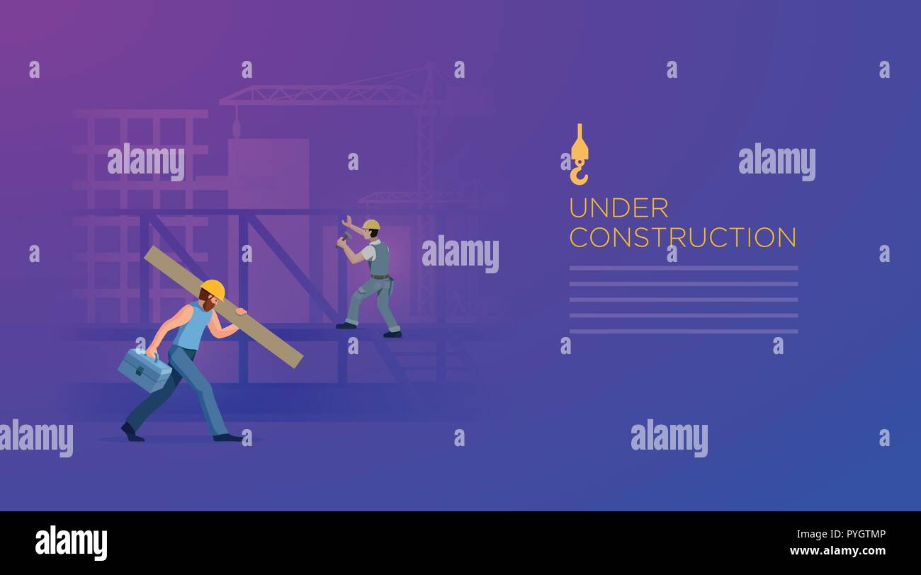 Building under construction with workers. Page design template. Vector ...