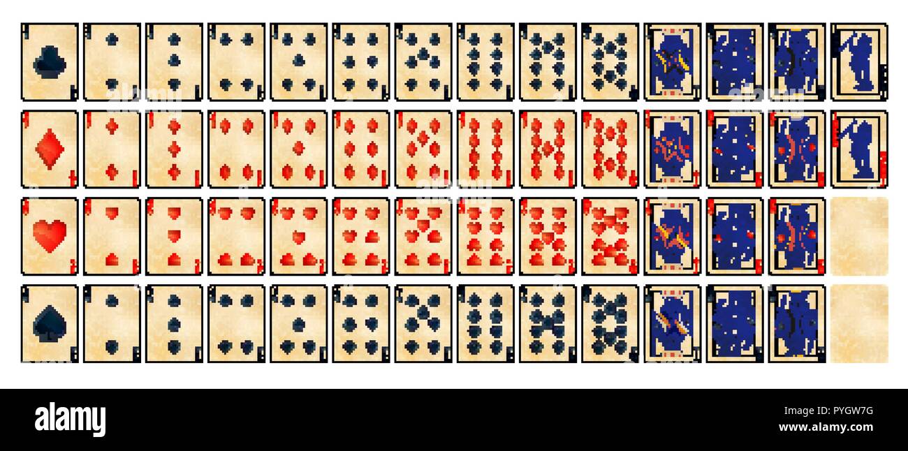 Full set of detailed colorful poker cards with old paper texture on ...