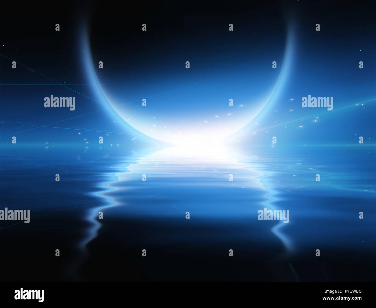 Exosolar planet rise over quiet waters Stock Photo - Alamy