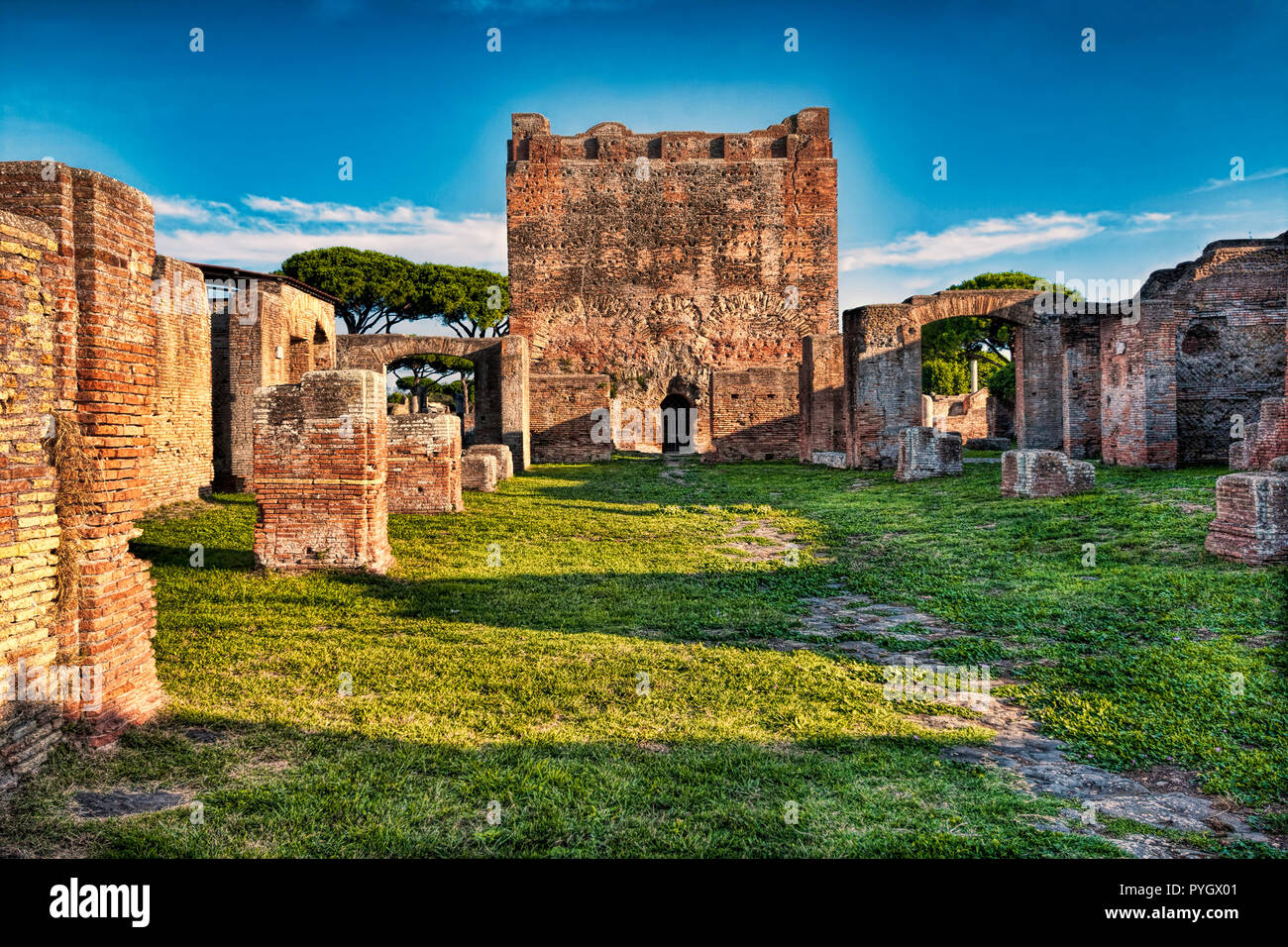 Archaeological Roman empire landscape in Ostia Antica with a view of ...