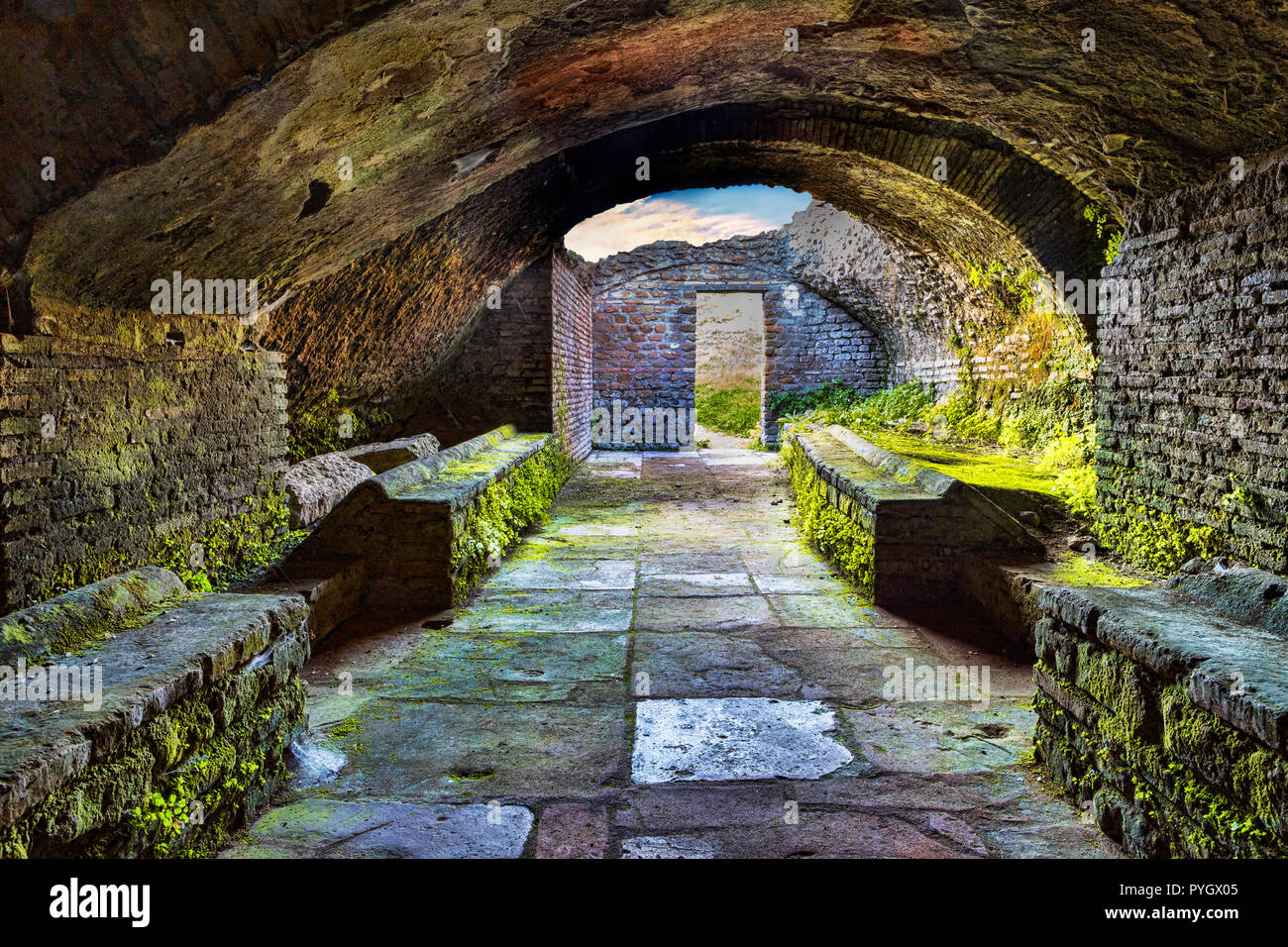 Looking at the exit inside the thermal's mithraeum in archaeological ...