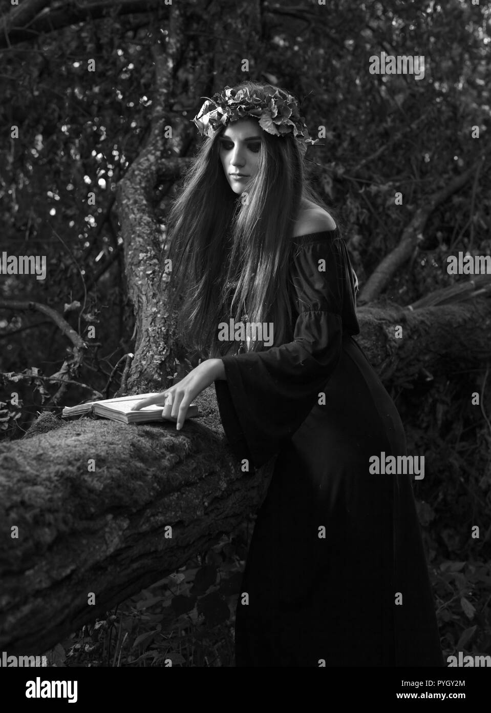 Beautiful young halloween witch wearing vintage gothic dress and ...