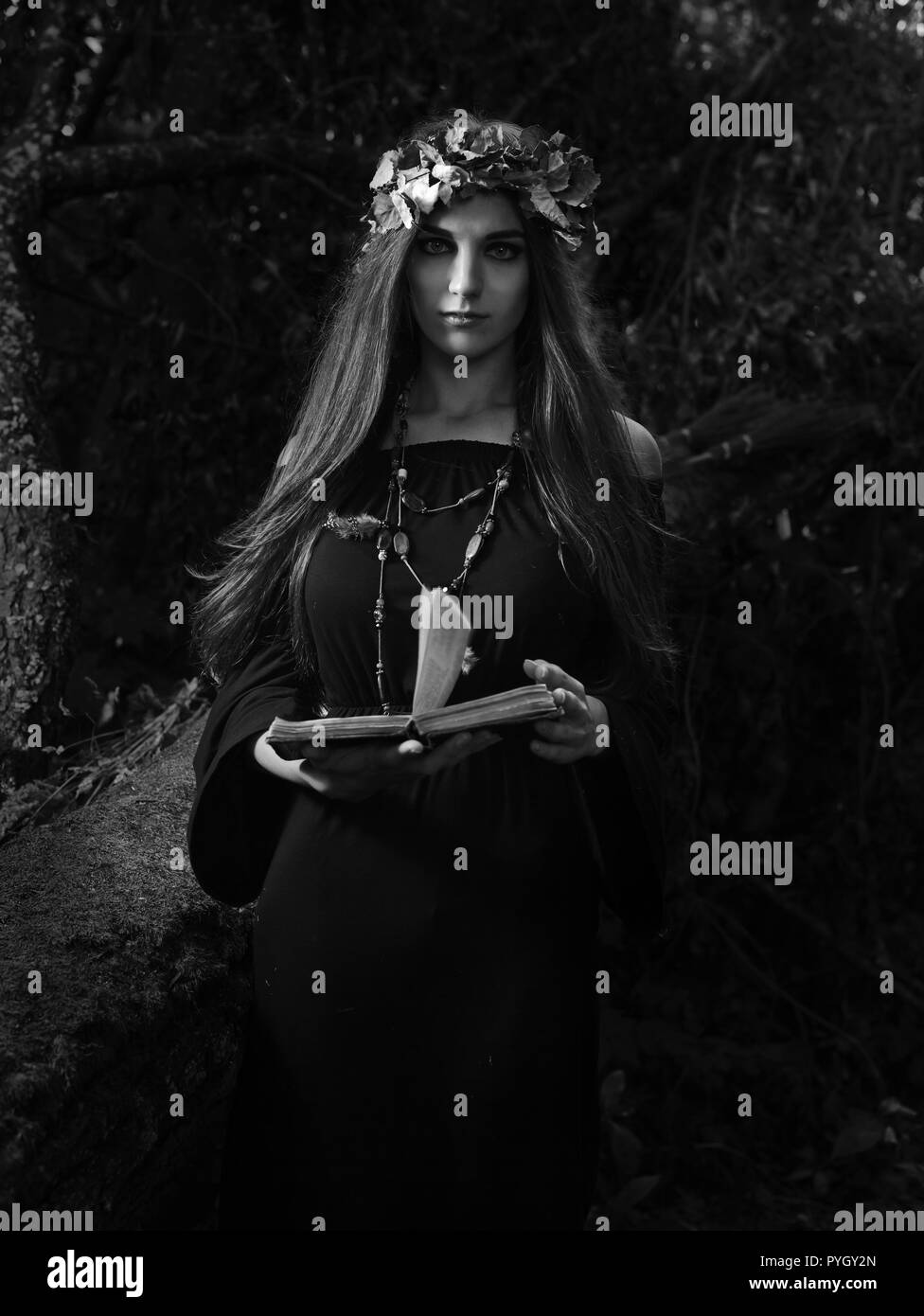 Beautiful young halloween witch wearing vintage gothic dress and ...