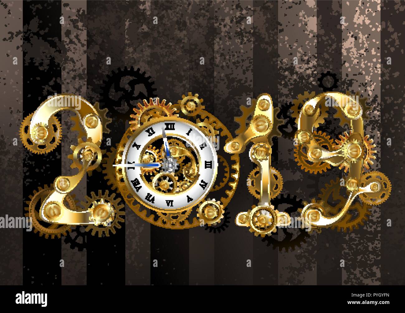 Gold steampunk numbers 2019 with an antique clock, with brass gears, on ...