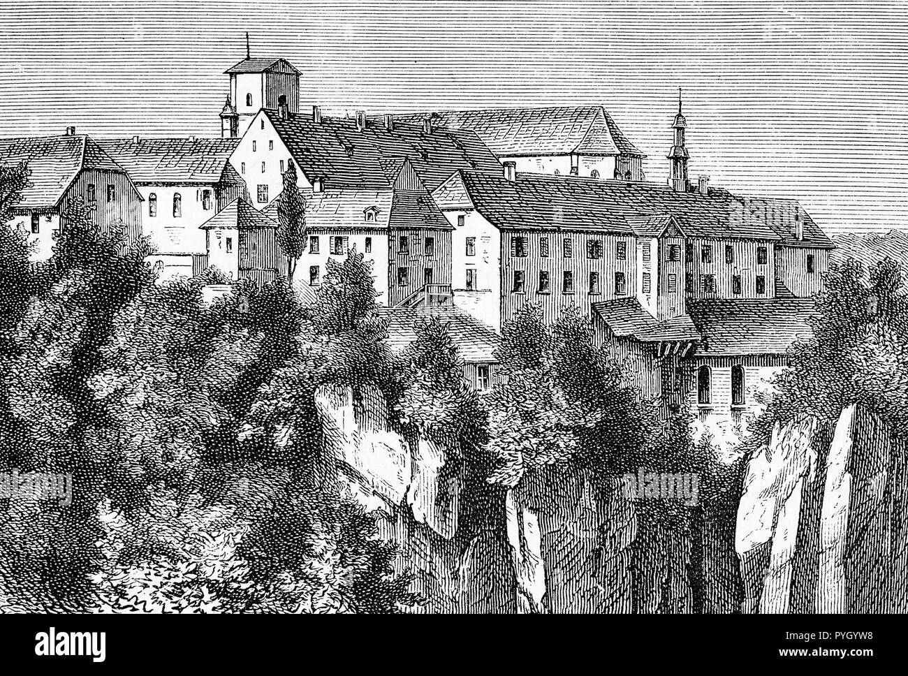 Vintage engraving of Mariastein abbey, Benedictine monastery in the ...