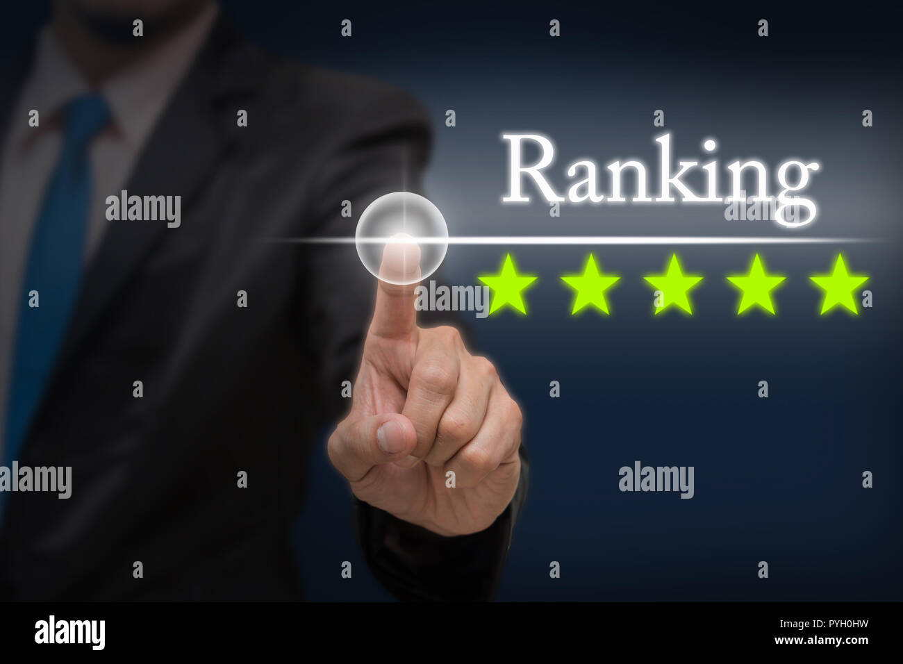 Businessman pointing five star button to increase ranking of hotel on ...
