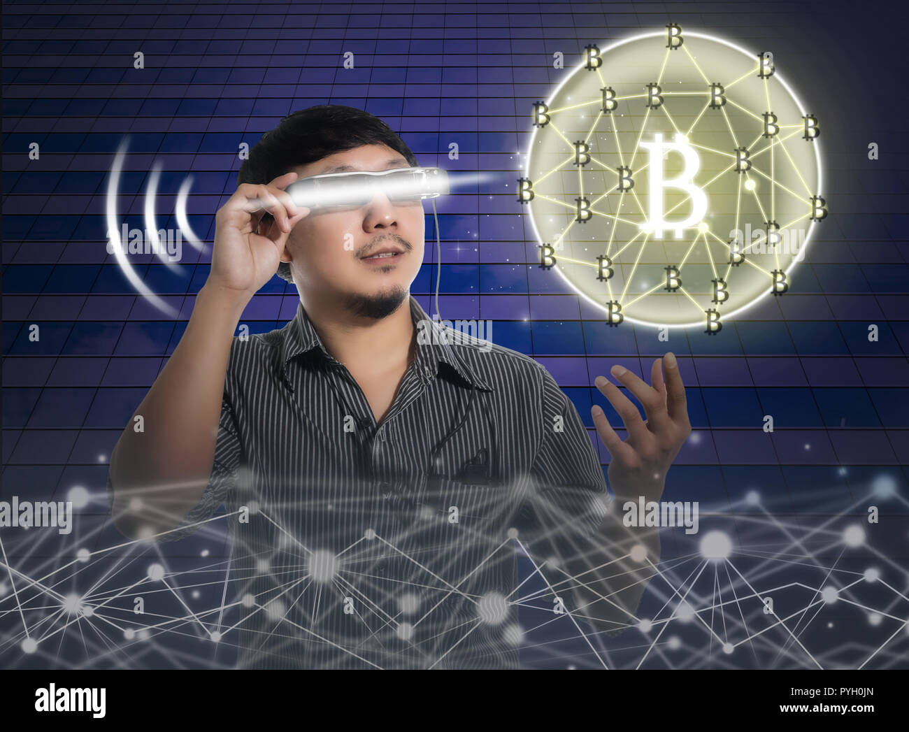 Man wearing smart high tech glasses and looking for Block chain icon ...