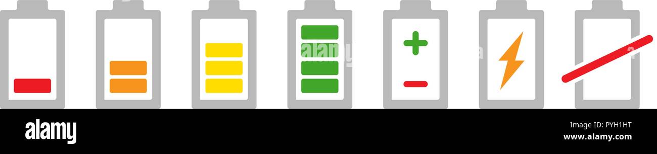 Colored battery indicators icon set. Charge level accumulator symbol ...