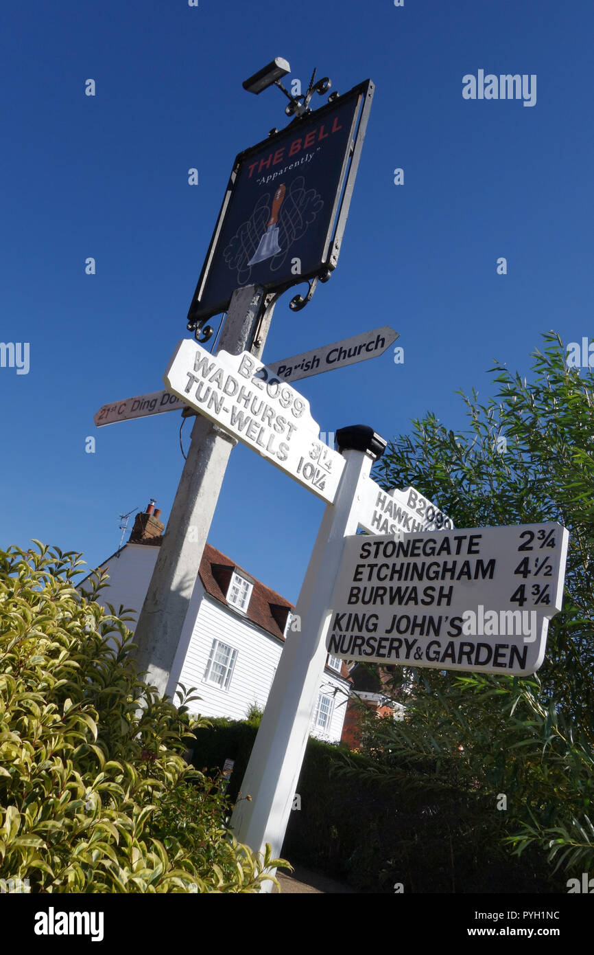 The Bell pub sign and sign post, Ticehurst, East Sussex, United Kingdom ...