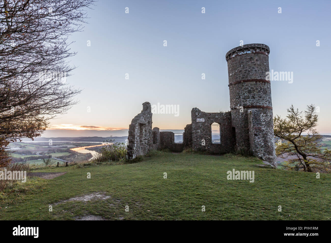 The ruins of Kinnoull Hill Tower overlooking the River tay and the city ...