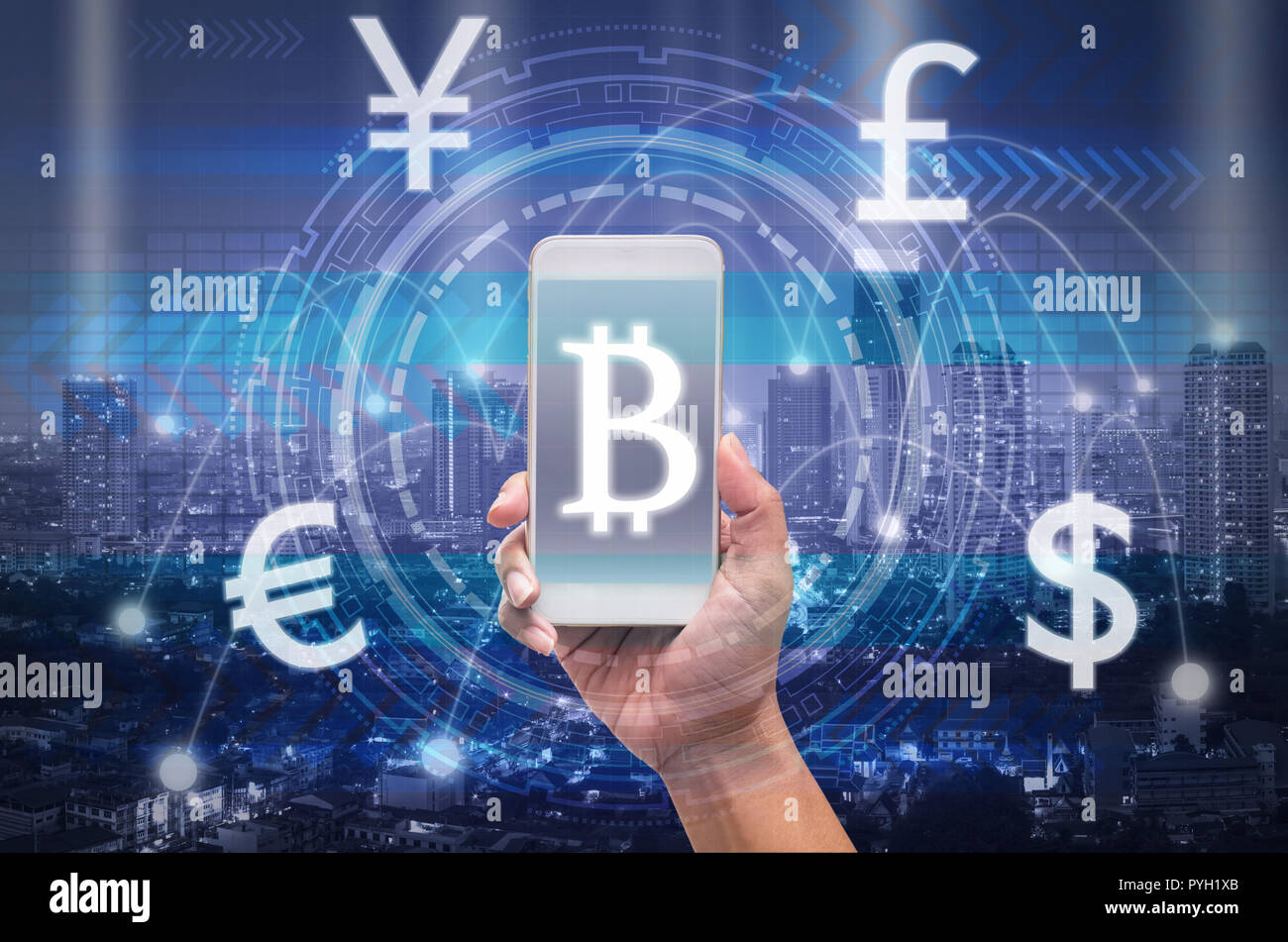 holding smart phone showing the financial technology with block chain ...