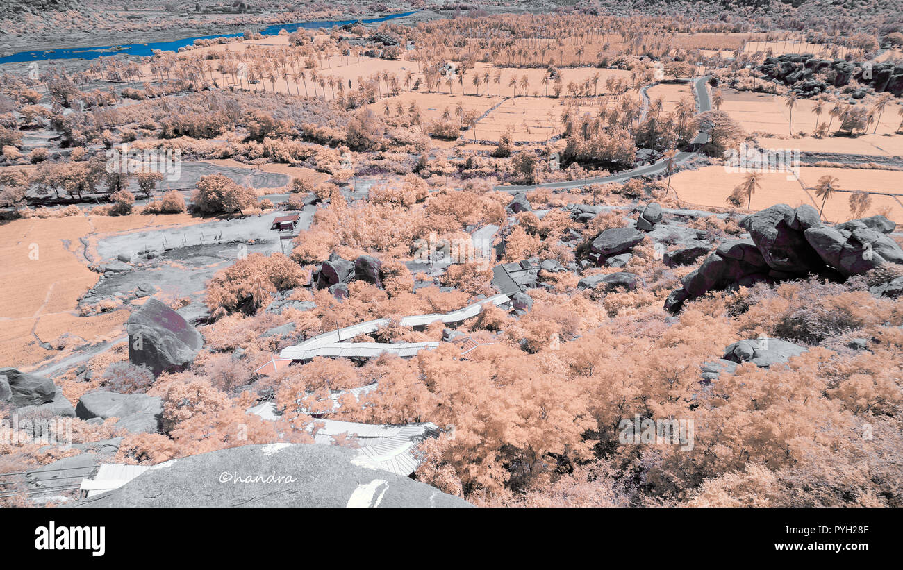View from top of Anjenaya hill the birthplace of lord Hanuman in Hampi ...