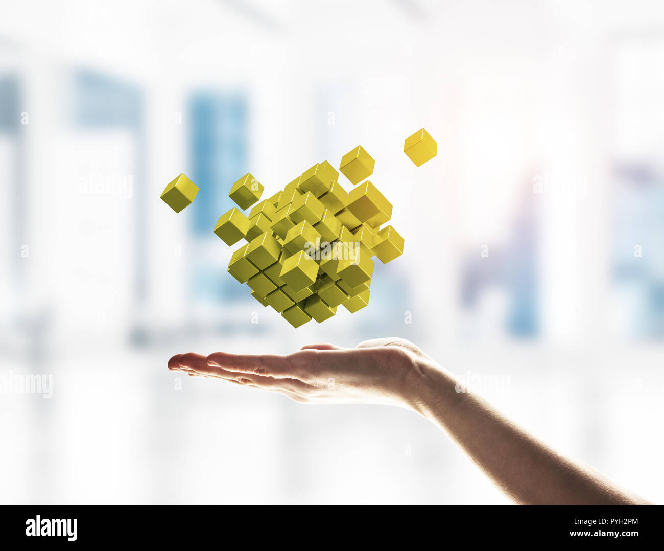 Cube color figure in male palm as symbol for integration. 3D ren Stock ...