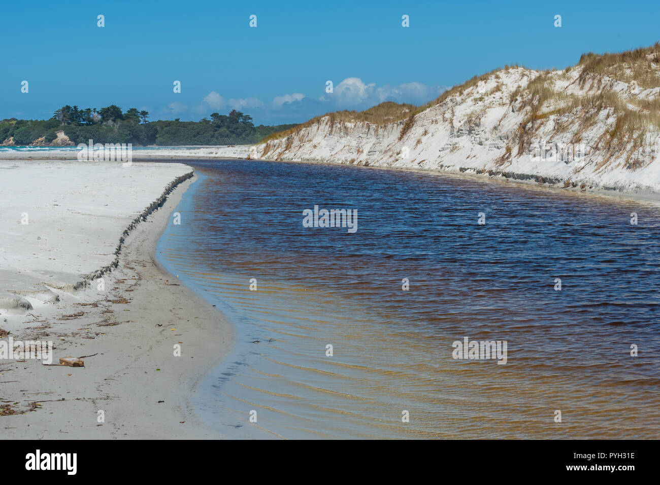 naturally occurring rust colored stream in Rarawa beach, Northland in ...