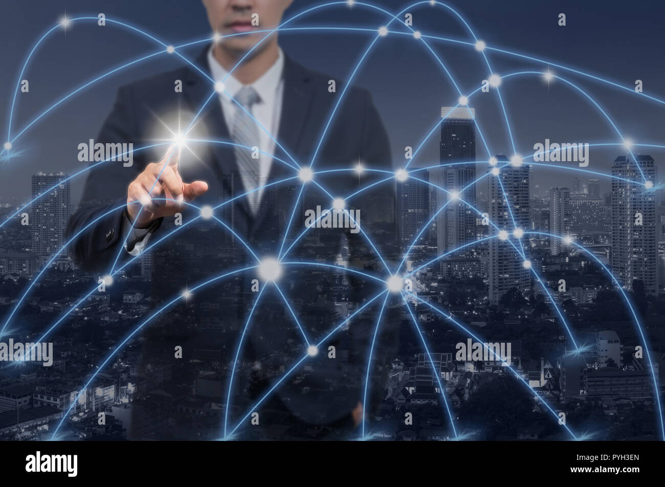 Businessman pointing with digital network line and circles over Top ...