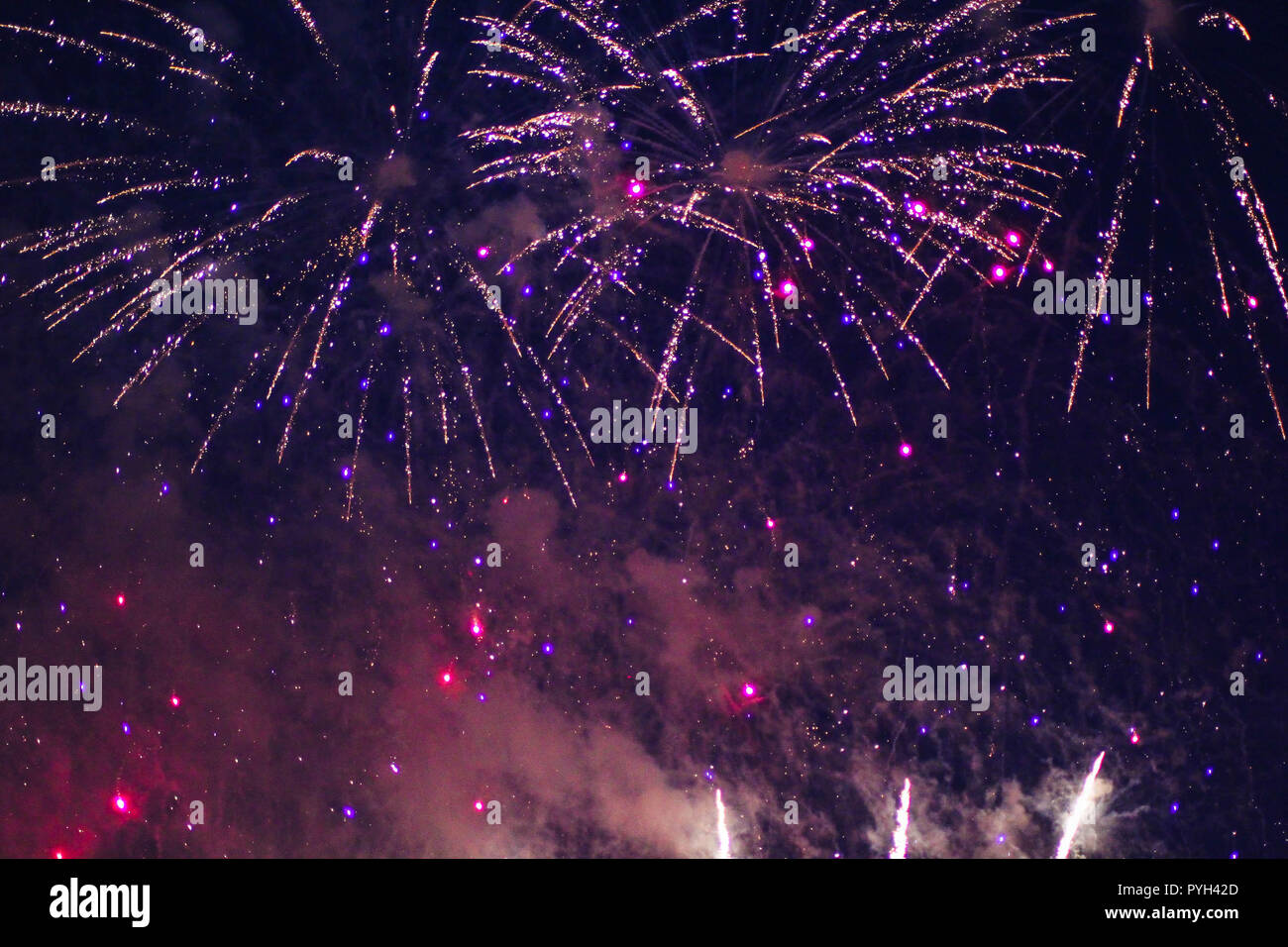 Fireworks on the black sky. Festive show. Large-scale celebration. The ...