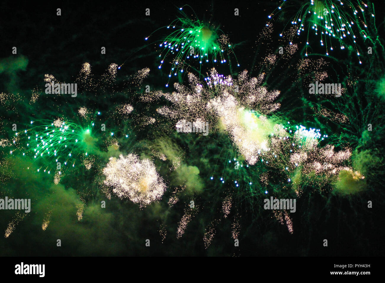 Fireworks on the black sky. Festive show. Large-scale celebration. The ...