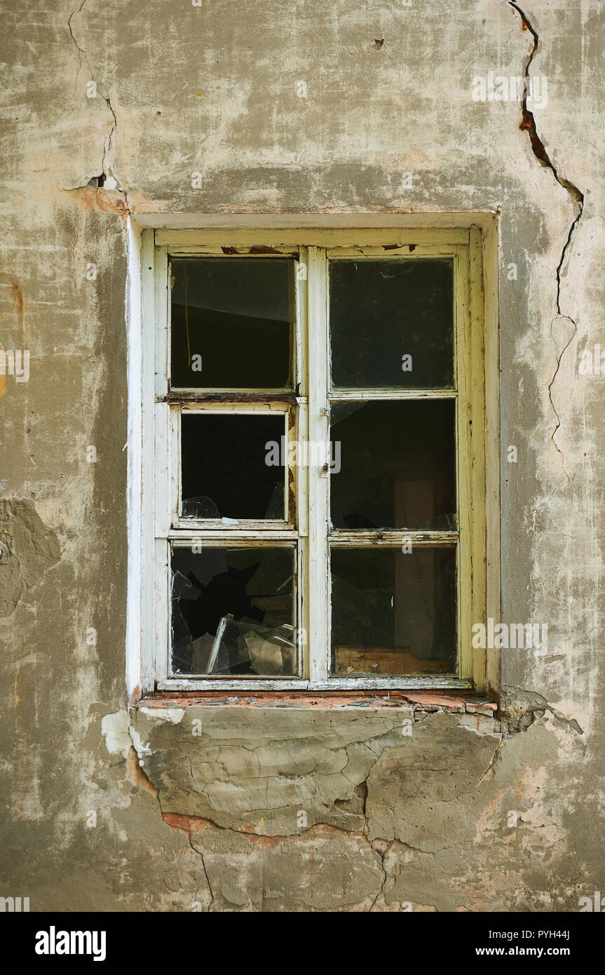 The old dirty broken window on the old dirty wall with cracks Stock ...