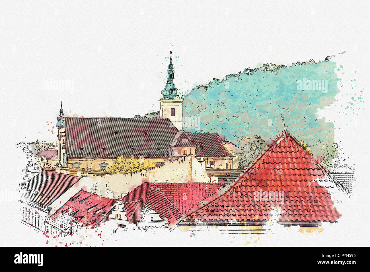illustration or watercolor sketch. Traditional old architecture in ...
