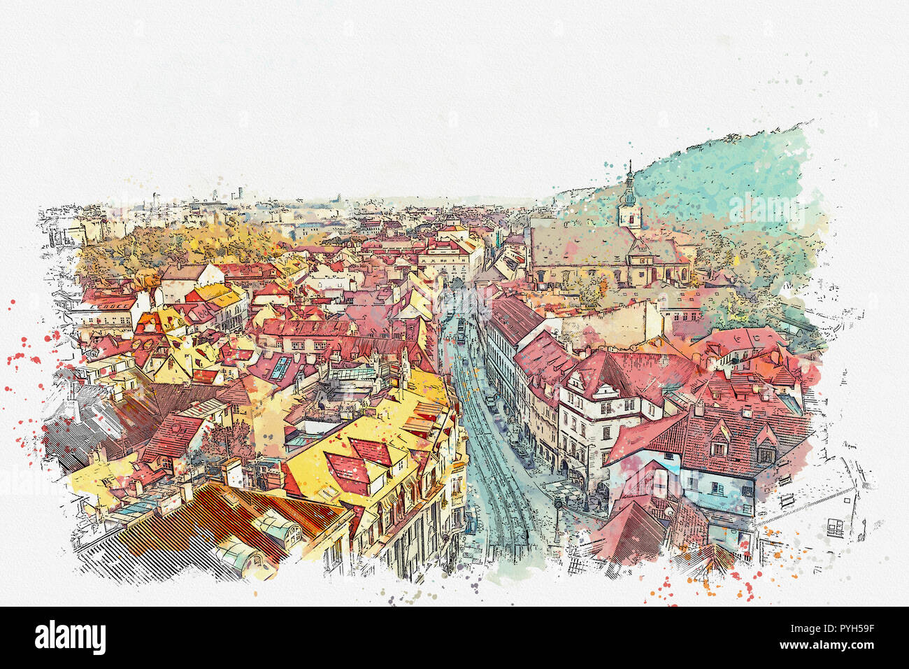 Watercolor sketch or illustration of the panoramic view of the ancient ...