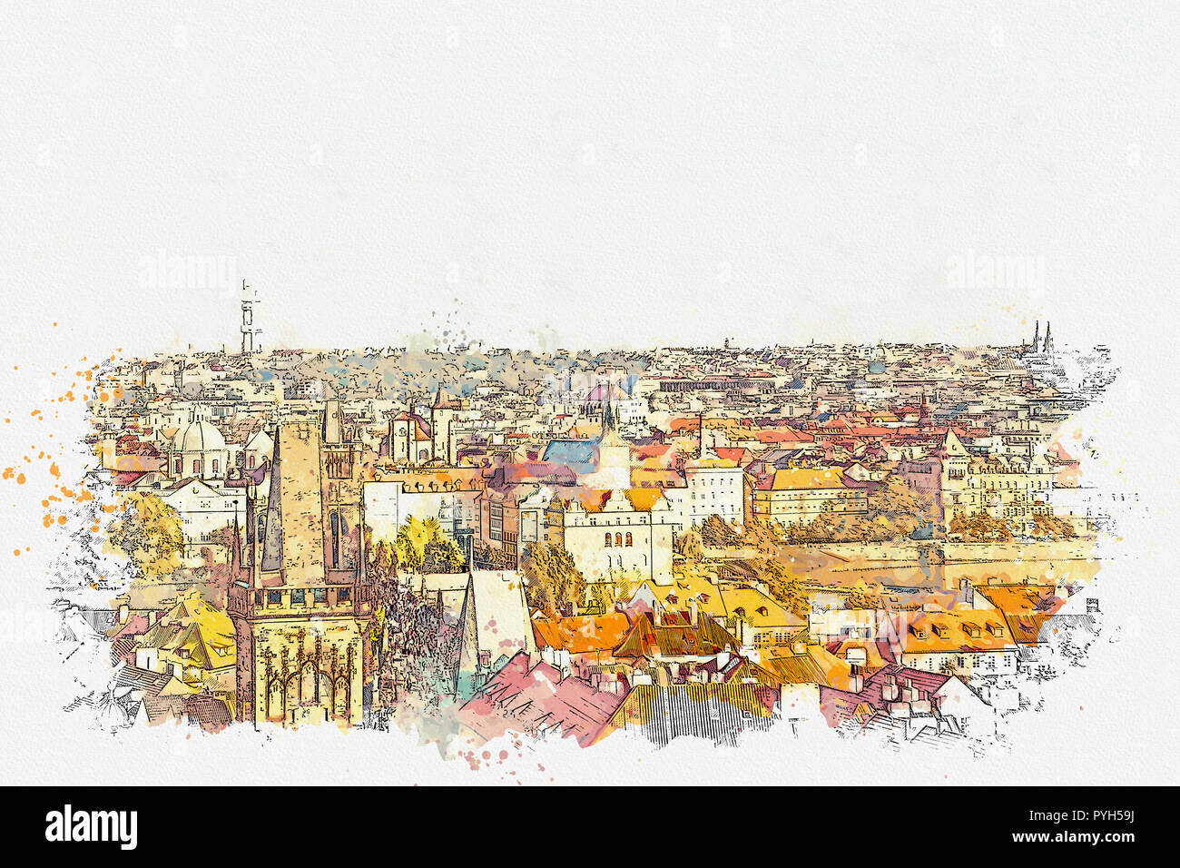 Watercolor sketch or illustration of the panoramic view of the ancient ...