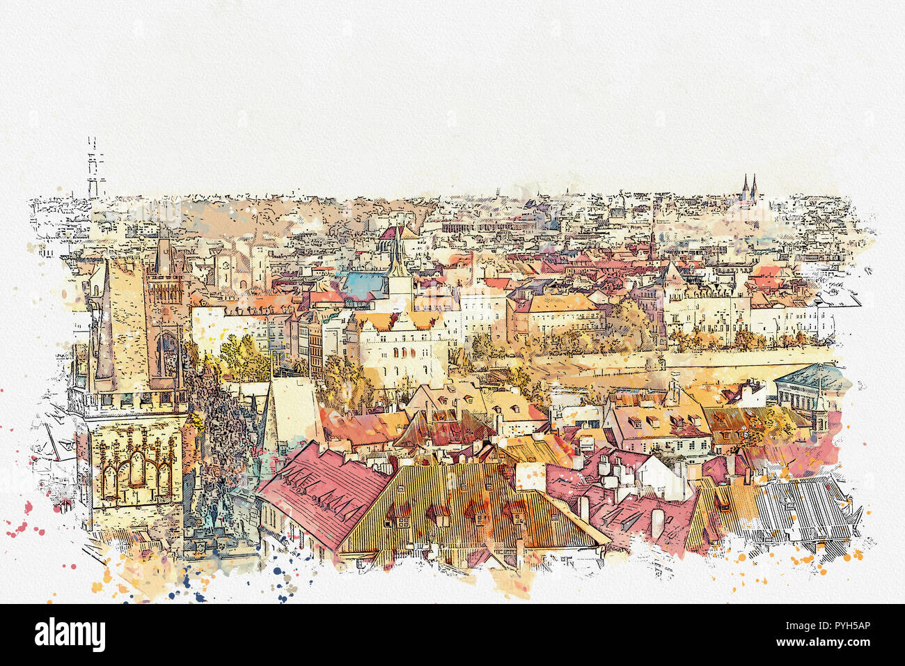 Watercolor sketch or illustration of the panoramic view of the ancient ...