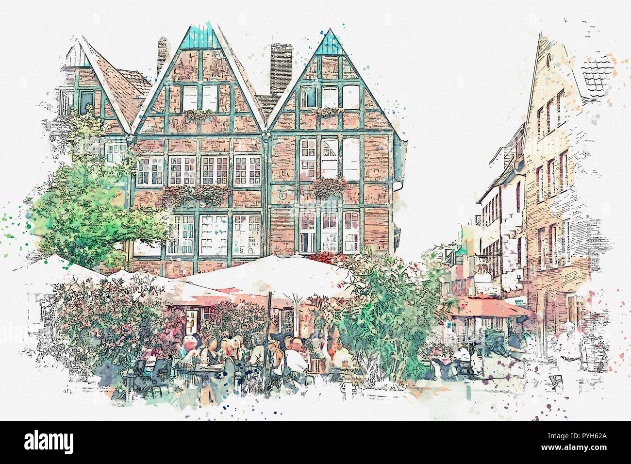 Watercolor sketch or illustration of traditional German architecture ...